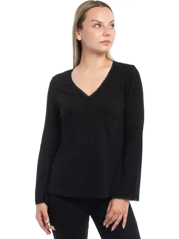 WILT CLOTHING V-neck Long Sleeve Empire Seam Trapeze Tee With Lace Trims - Black