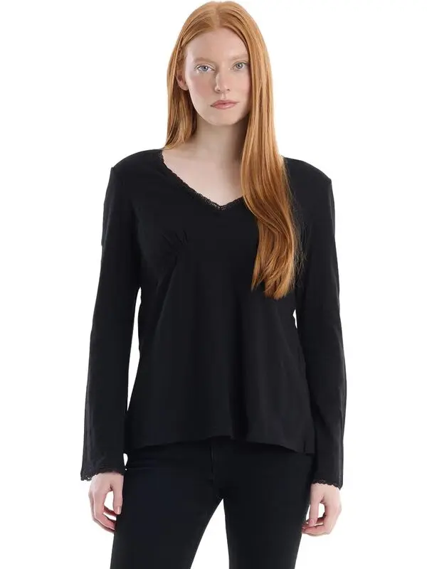 WILT CLOTHING V-neck Long Sleeve Empire Seam Trapeze Tee With Lace Trims - Black