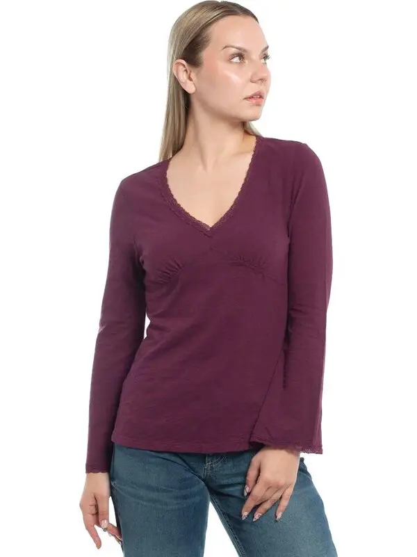 WILT CLOTHING V-neck Long Sleeve Empire Seam Trapeze Tee With Lace Trims - Dark Fig