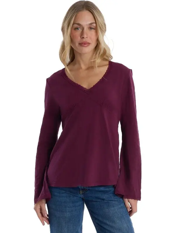 WILT CLOTHING V-neck Long Sleeve Empire Seam Trapeze Tee With Lace Trims - Dark Fig