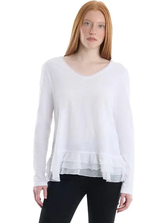 WILT CLOTHING V-neck Long Sleeve Tee With Ruffle Hem - White
