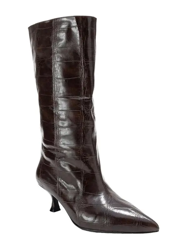 PROLOGUE SHOES Embossed Pointed-toe Boots - Brown Print Faux Leather