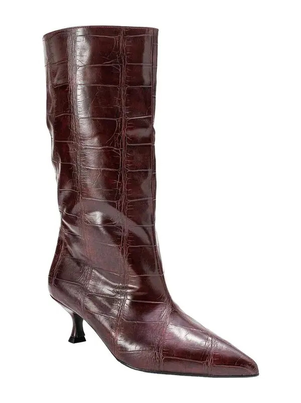 PROLOGUE SHOES Embossed Pointed-toe Boots - Burgundy Print Faux Leather