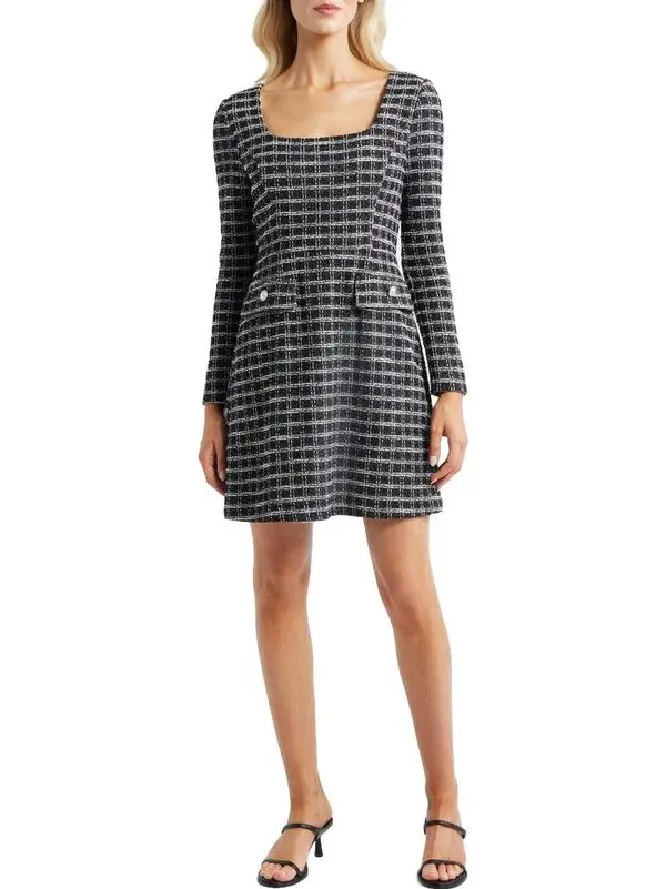 Julia Jordan Windowpane Plaid Bouclé Dress - Black Multi
