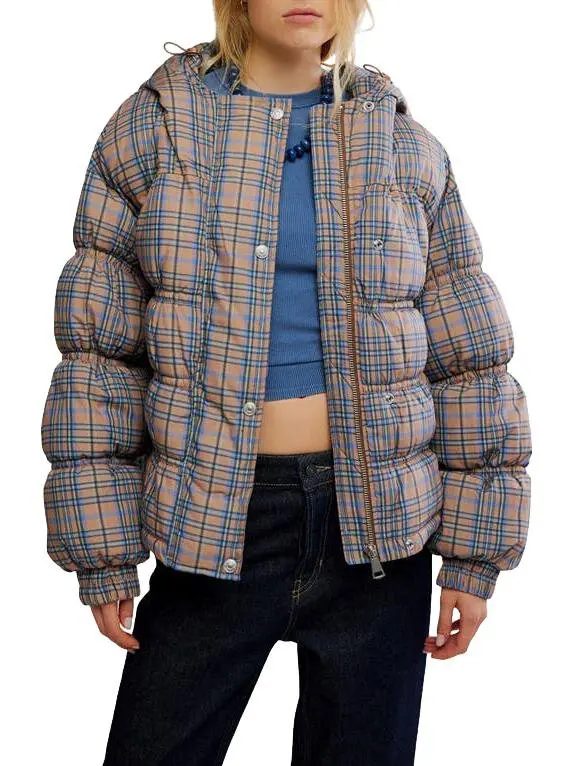 Free People Plaid Puffer Jacket - Tan Combo