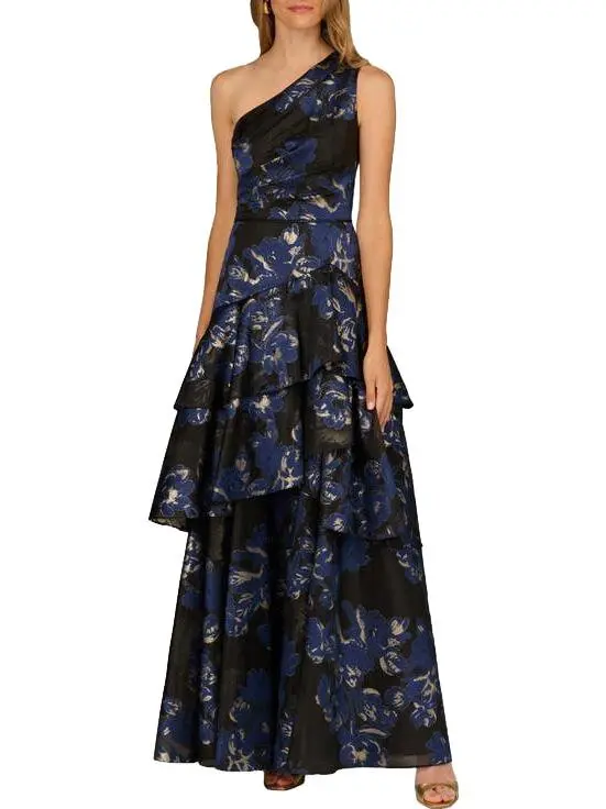 Aidan Mattox Metallic Floral Jacquard One-shoulder Gown - Navy Multi