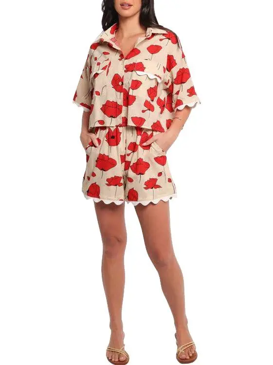PETAL & PUP Floral Rickrack Trim Shirt & Shorts Set - Red Beige Poppy