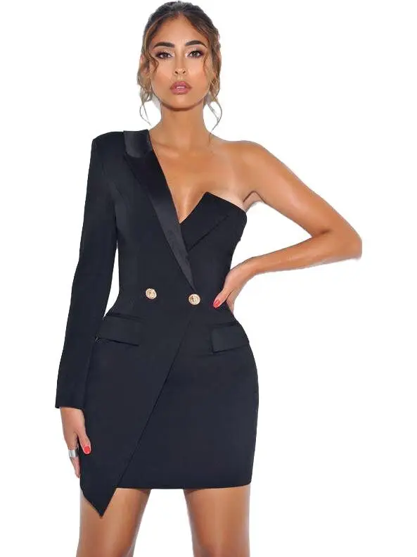 MISS CIRCLE Stretch Crepe Tuxedo Blazer Mini Dress - Black