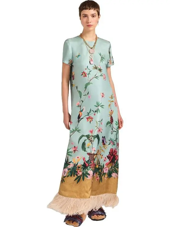 La DoubleJ Swing Feather-trimmed Silk Twill Dress - Zooflora Panel Light Blue