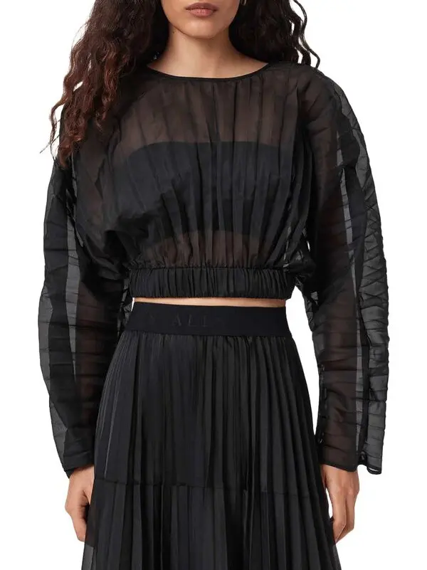 ALLSAINTS Sheer Pleated Crop Top - Black