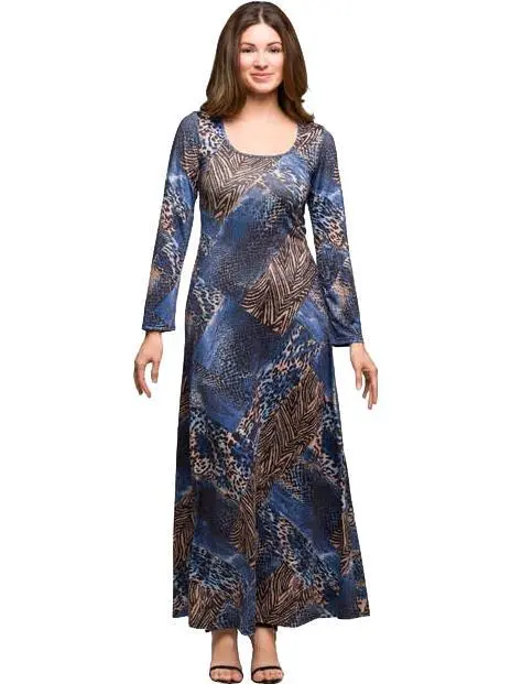 24SEVEN COMFORT APPAREL Animal Print Long Sleeve Maxi Dress - Blue Multi