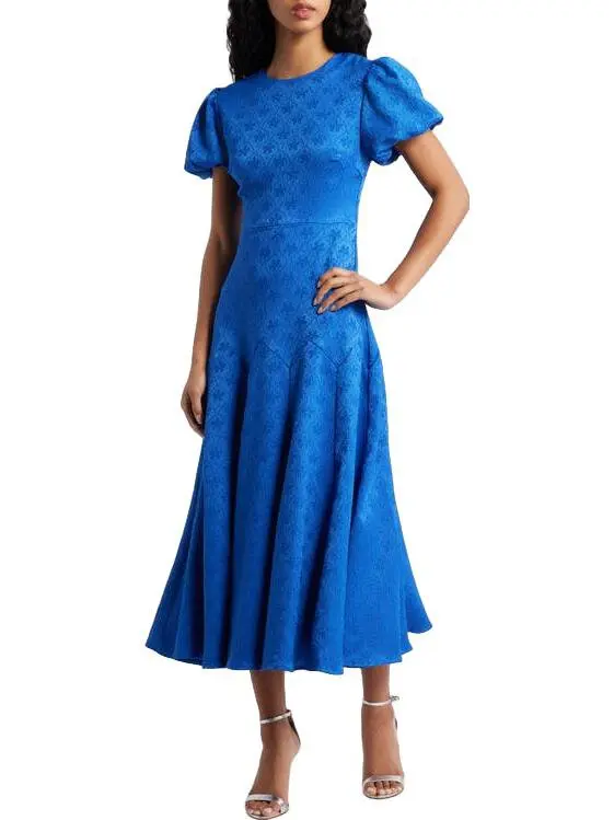 SISTER JANE Oriel Geo Floral Satin Jacquard Dress - Blue