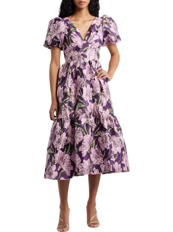 SISTER JANE Floraison Floral Jacquard Puff Sleeve Dress - Purple