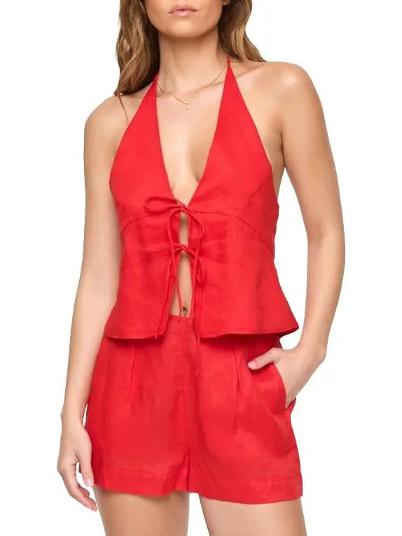 L*Space April Tie Front Halter Linen Cover-up Top - Flame