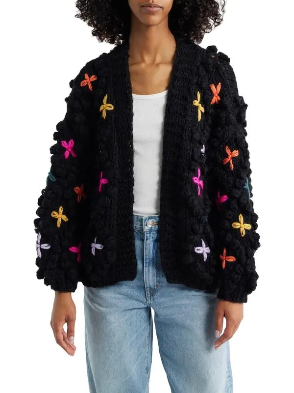 ROFFE ACCESSORIES Embroidered Chunky Open Front Cardigan - Black