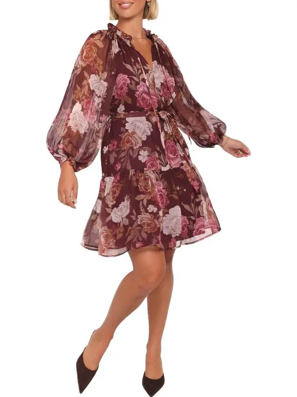 PETAL & PUP Floral Long Sleeve Chiffon Dress - Burgundy Brandy Bloom