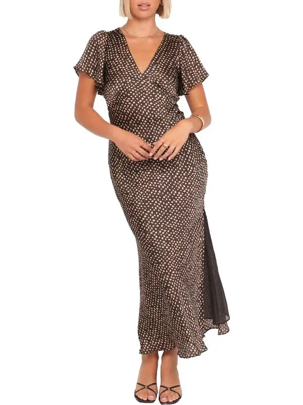 PETAL & PUP Flossy Print Flutter Sleeve Satin Maxi Dress - Umber/taupe