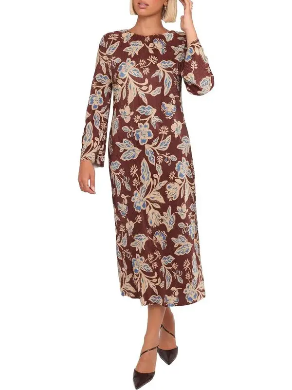 PETAL & PUP Morena Plissé Long Sleeve Midi Dress - Brown Floral