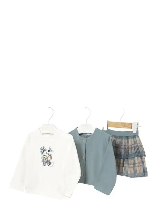 MAYORAL Three-piece Set With Floral Print And Plaid Skirt - Blue