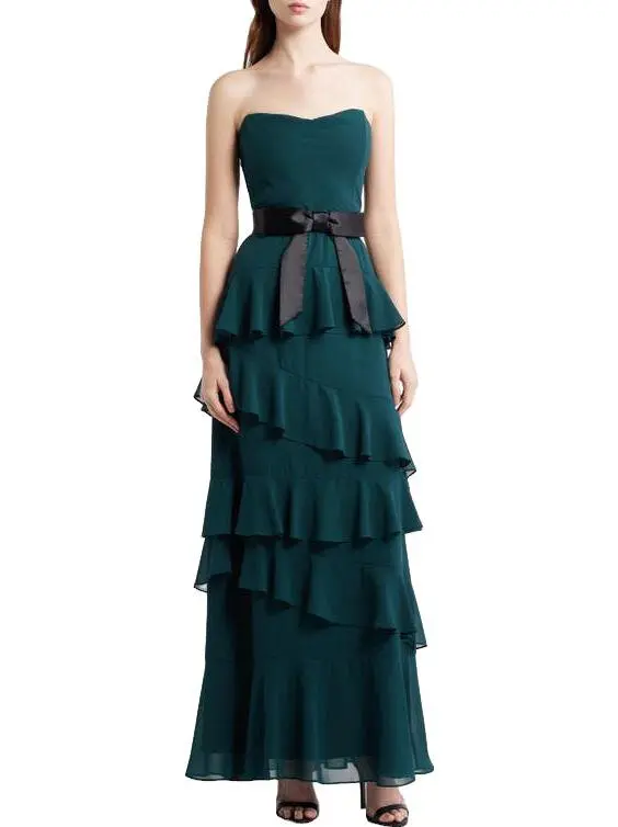 Lulus Amalia Strapless Ruffle Tiered Gown - Emerald