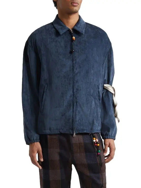 SONG FOR THE MUTE Slim Faux Suede Coach's Jacket - Navy
