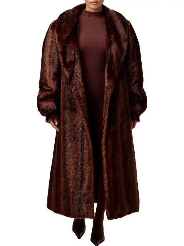 Naked Wardrobe Longline Faux Fur Coat - Chocolate