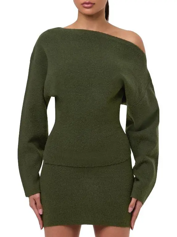 Naked Wardrobe One-shoulder Dolman Sleeve Sweater - Forest Green