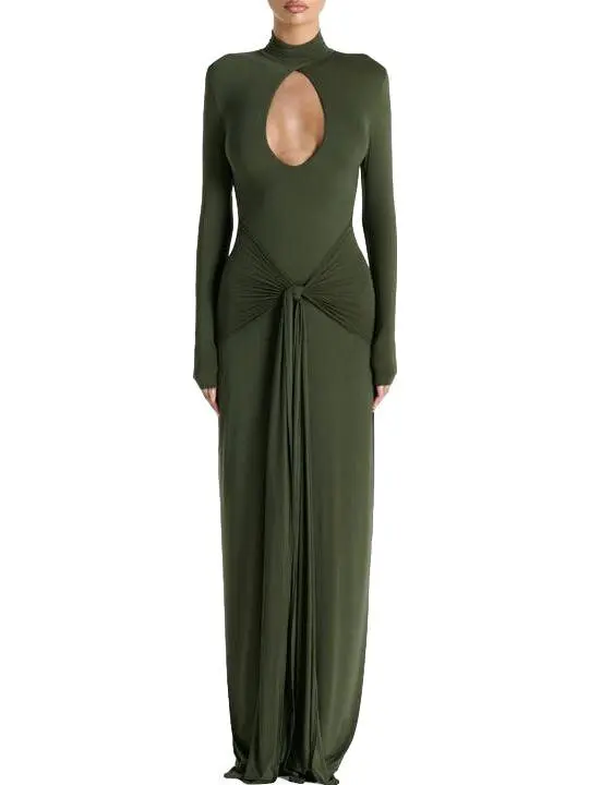 Naked Wardrobe Cutout Tie-front Long-sleeve Maxi Dress - Dark Olive