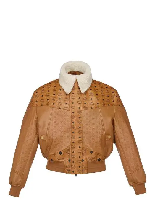 Mcm Shearling Aviator Jacket In Visetos Leather Mix - Cognac