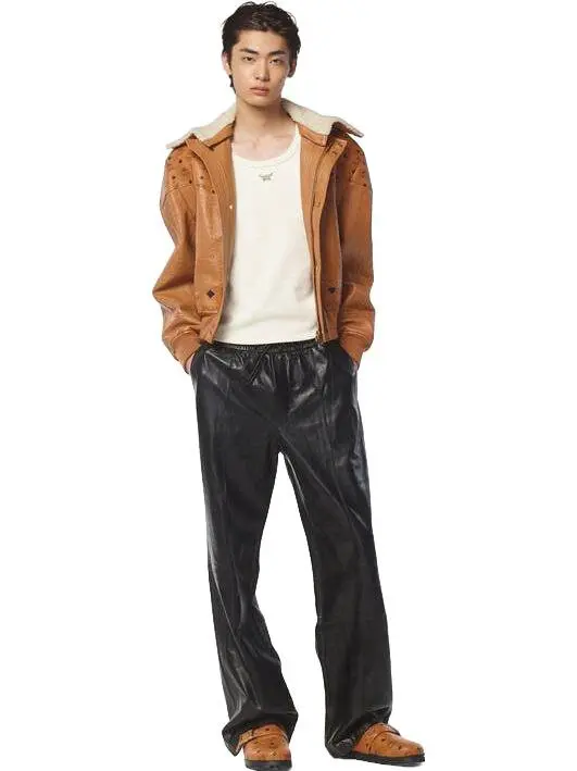 Mcm Shearling Aviator Jacket In Visetos Leather Mix - Cognac