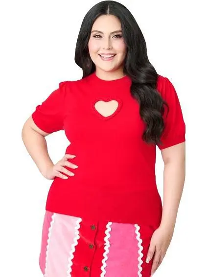 SMAK PARLOUR Printed Heart Cutout Knit Sweater - Solid Red