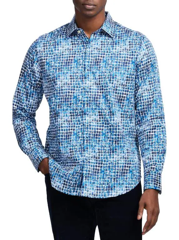 Robert Graham Hester Tile Print Stretch Cotton Button-up Shirt - Blue
