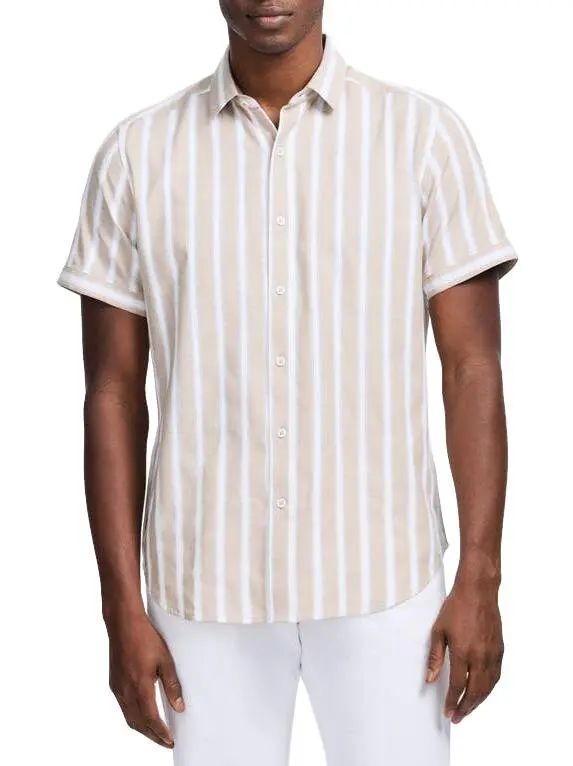 Robert Graham Preston Stripe Short Sleeve Cotton Blend Button-up Shirt - Khaki