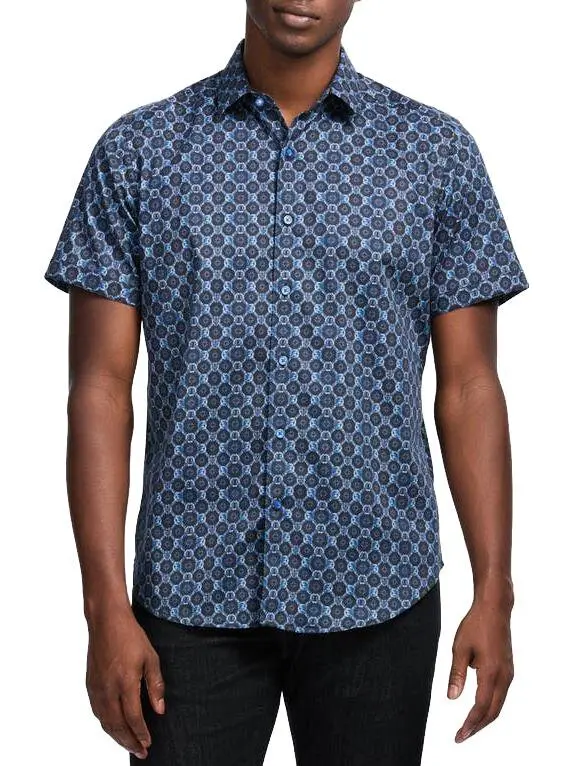 Robert Graham Bramston Medallion Print Short Sleeve Stretch Cotton Button-up Shirt - Navy