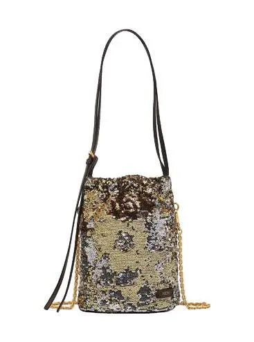 Mcm Sequin Drawstring Bucket Bag - Gold
