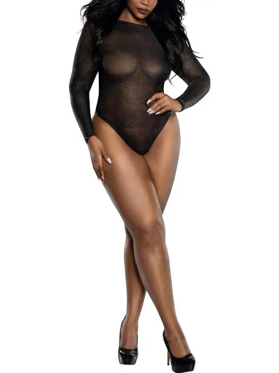 DREAMGIRL Sheer Shimmery Long Sleeve Bodysuit - Black