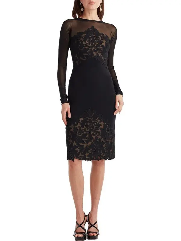 Tadashi Shoji Illusion Neck Laser Cut Long Sleeve Cocktail Dress - Black/nude
