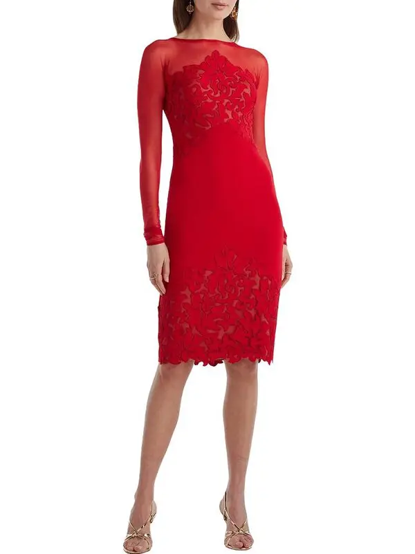 Tadashi Shoji Illusion Neck Laser Cut Long Sleeve Cocktail Dress - Cherry/nude