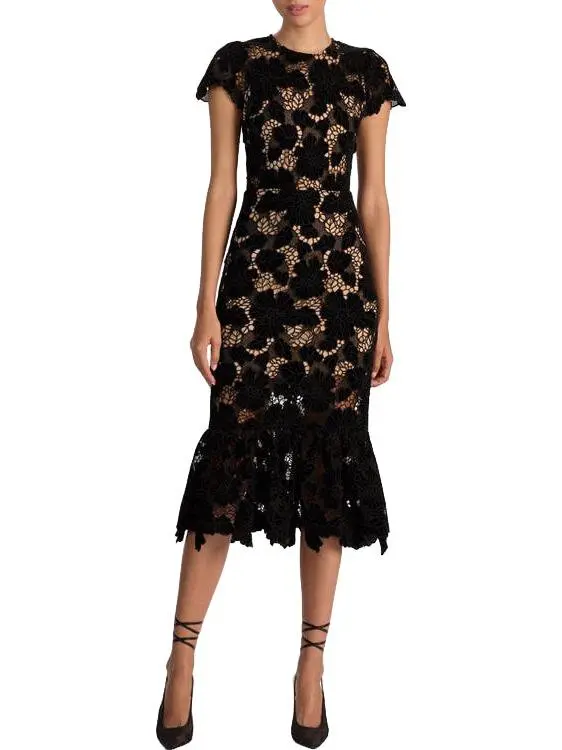 Alice + Olivia Clover Open Back Lace Overlay Midi Dress - Black