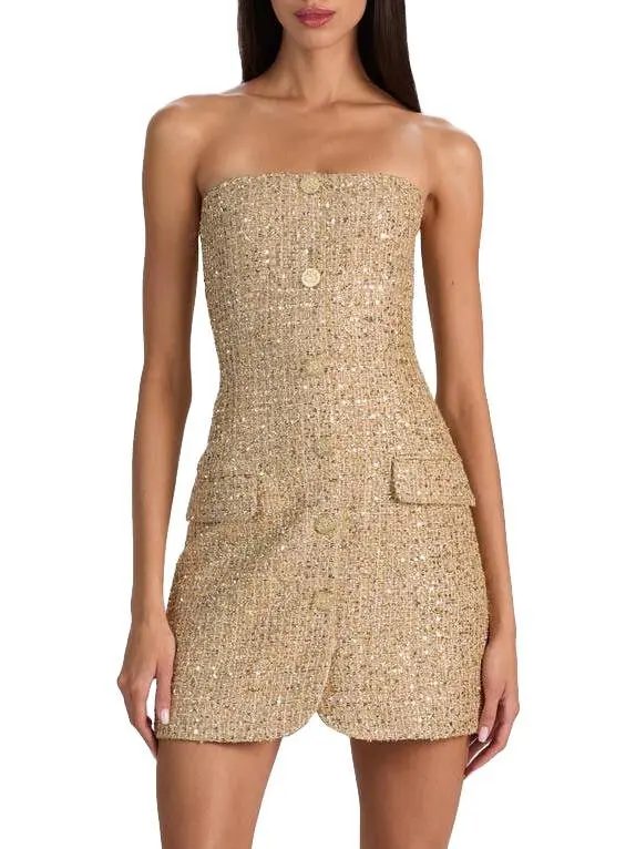 Alice + Olivia Madison Strapless Metallic Tweed Mini Dress - Pale Gold