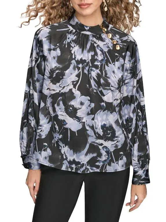 Donna Karan New York Floral Long Sleeve Top - Black Temp