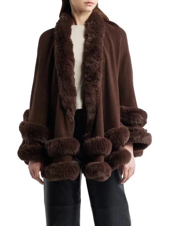 La Fiorentina Faux Fur Trimmed Ruana - Chocolate