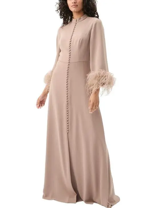 Trina Turk Montmarte Feather Trim Maxi Dress - Boudoir Beige