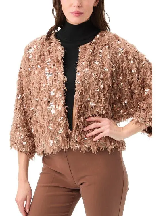 Trina Turk Faux Fur Sequined Jacket - Boudoir Beige
