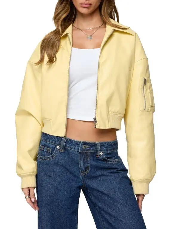 EDIKTED Faux Leather Cropped Bomber Jacket - Yellow