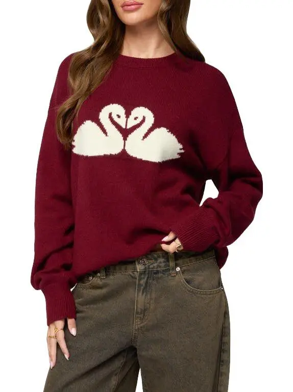 EDIKTED Swan Intarsia Oversize Sweater - Burgundy
