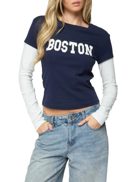 EDIKTED Boston Layered Long Sleeve T-shirt - Navy-and-cream