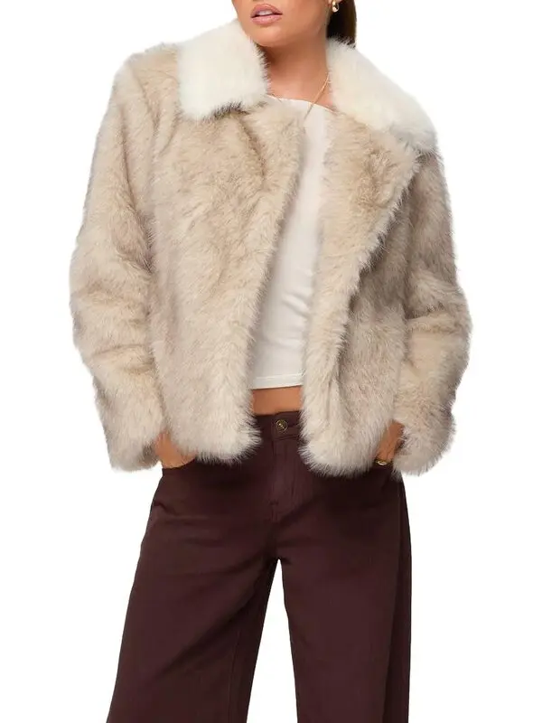 EDIKTED Faux Fur Jacket With Contrast Collar - Tan