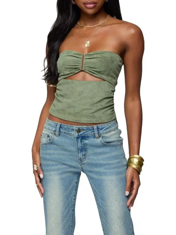 EDIKTED Cutout Faux Suede Strapless Top - Olive