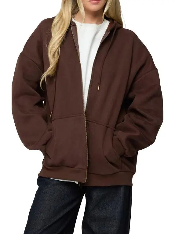 EDIKTED Oversized Zip Fleece Hoodie - Brown